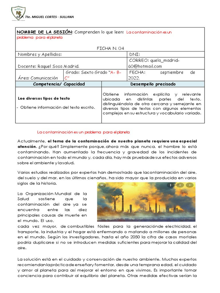 Ficha 04 Comprensión Lectora La Contaminación Es Un Problema para El ...