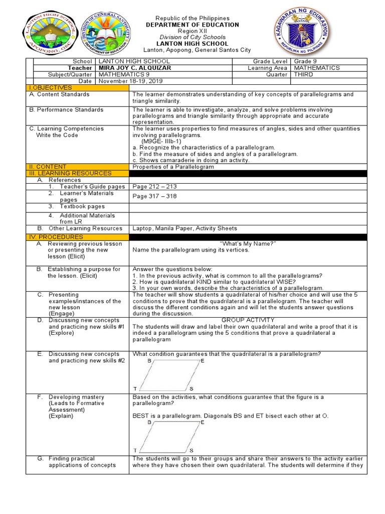 Grade 9 - Characteristics of A Parallelogram | Download Free PDF | Cognitive Science | Behavior ...