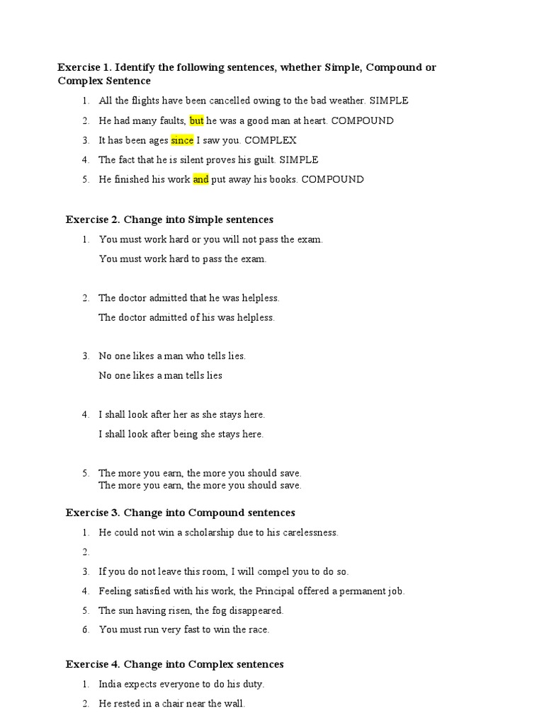 Sentence Conversion - Simple, Compound, Complex Exercises | PDF ...