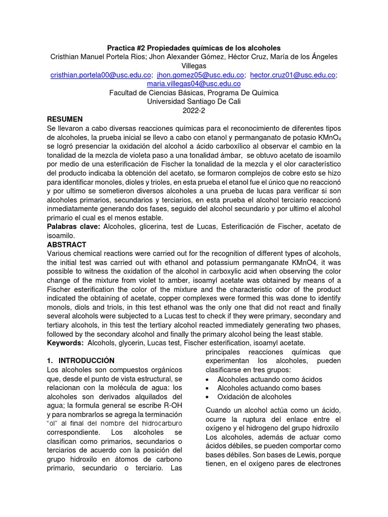 Inf. Practica 2 Propiedades Quimicas de Los Alcoholes | PDF | Ácido | Etanol