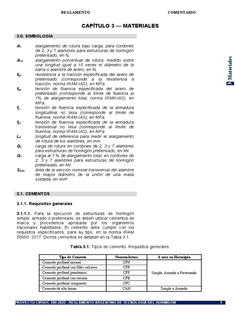 1 - Capitulo 03-CIRSOC 200-22 - D2 | PDF | Hormigón | Cemento