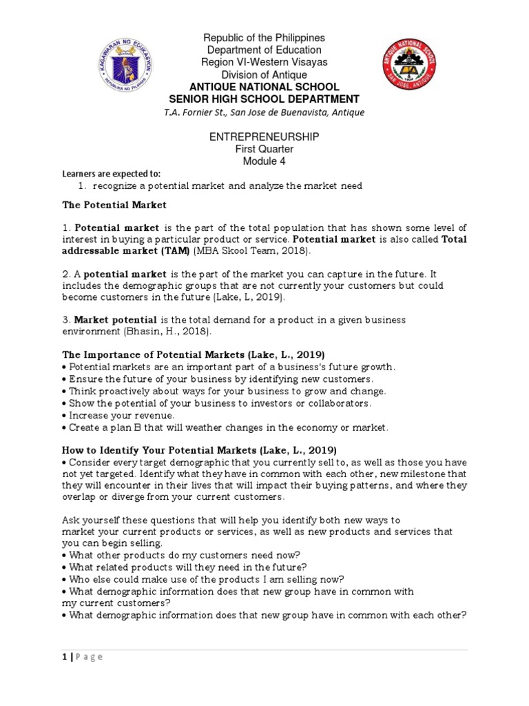 Entrep - Handouts - Potential Market Week 4 | PDF | Market (Economics ...