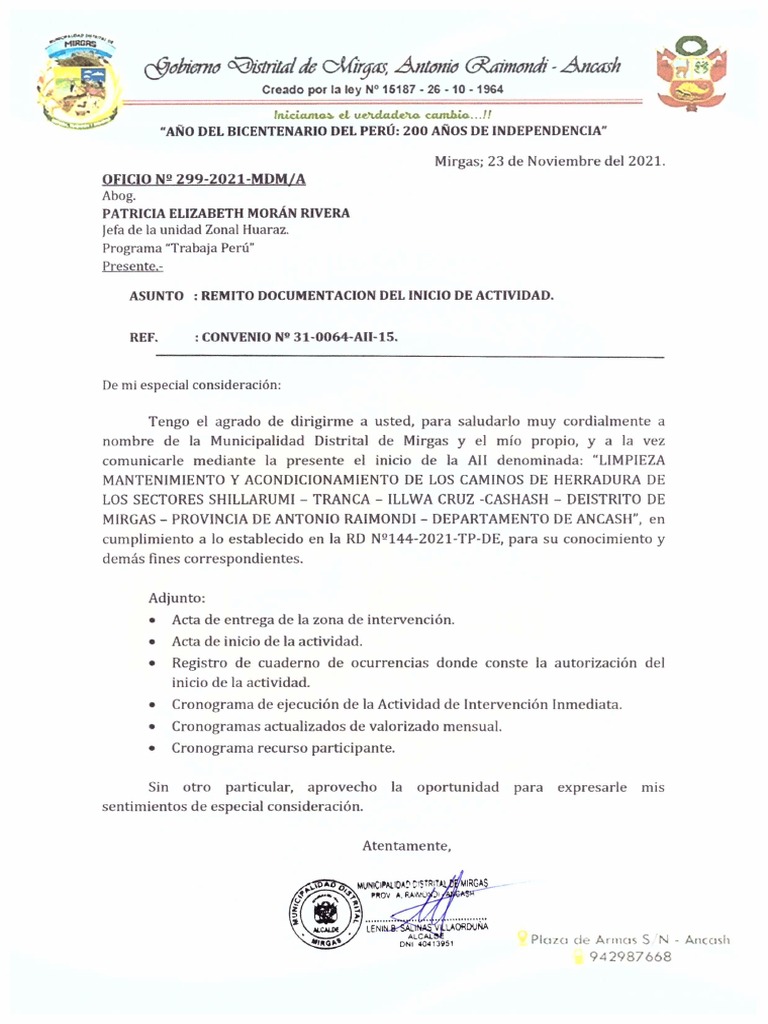 299 Oficio #299 Trabaja Peru - Remito Documentos-Shillarumi | PDF