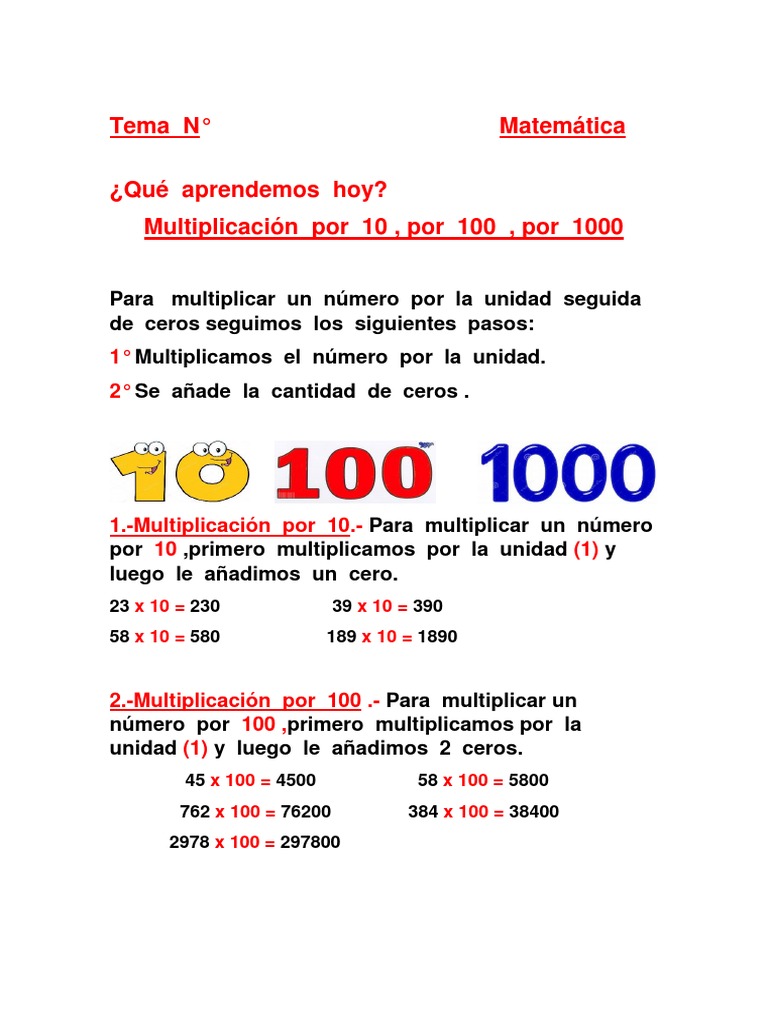 Multiplicación 10-100-1000 | PDF Multiplicación 10-100-1000 | PDF
