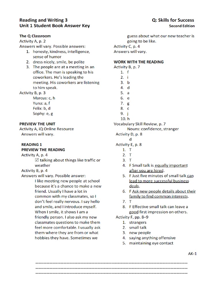Unit 1 Answer Keys | PDF