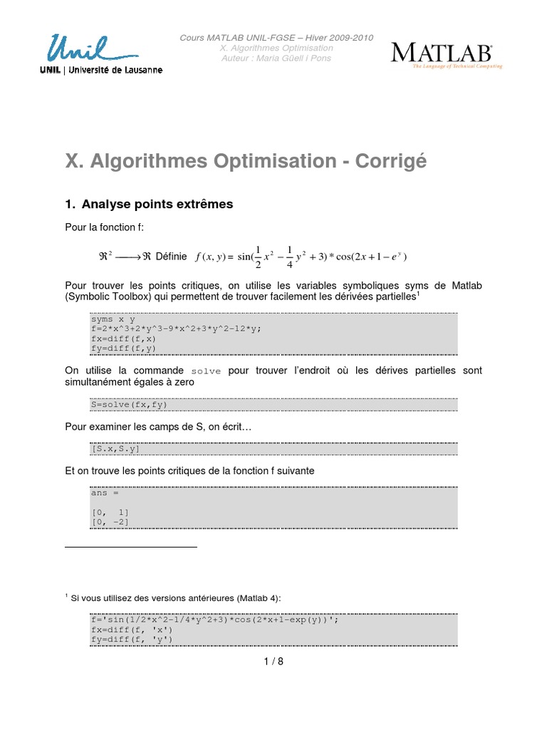 Algorithmes Doptimisation Corrigé | PDF | Optimisation mathématique | Analyses