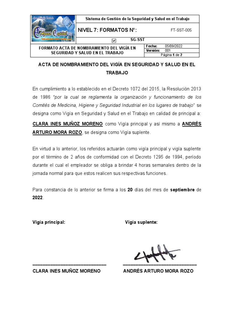 FT-SST-005 Formato Acta de Nombramiento Del Vigia en Seguridad y Salud en El Trabajo | PDF