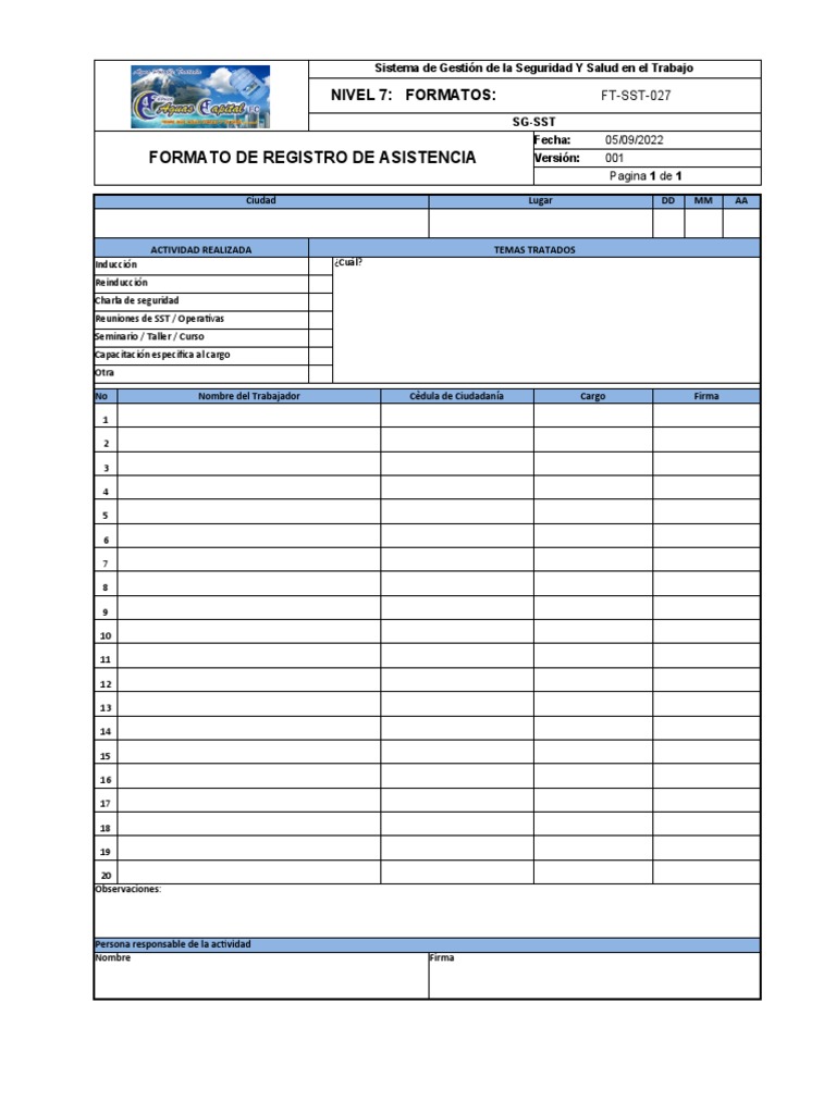 FT-SST-027 Formato de Registro de Asistencia | PDF FT-SST-027 Formato de Registro de Asistencia | PDF