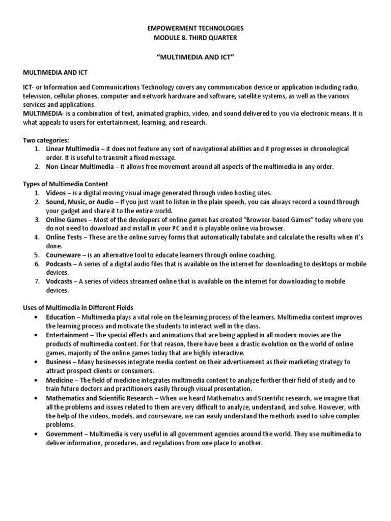 Multimedia and ICT Module | PDF | Multimedia | Educational Technology