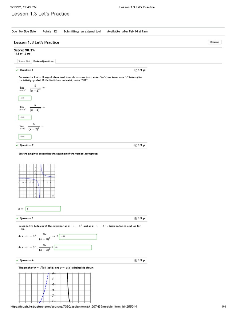 Lesson 1.3 Let's Practice: A Document Containing Practice Problems and Questions about Limits ...