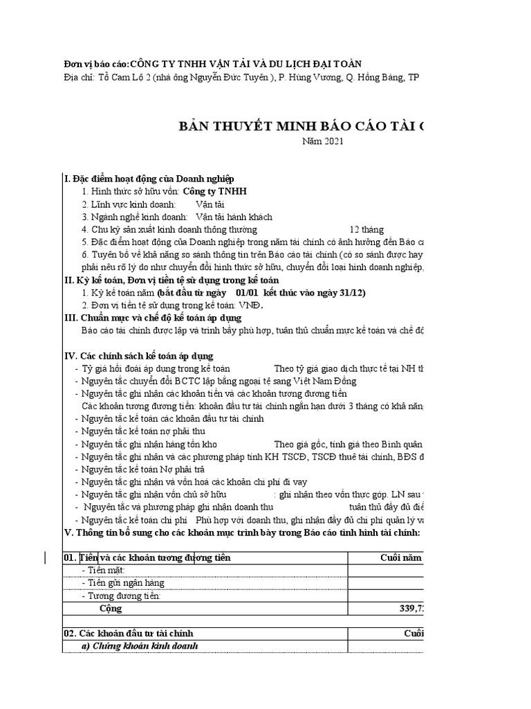 Thuyết Minh BCTC Theo Thông Tư 133 Đt21 | PDF