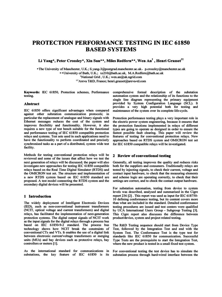 Protection Performance Testing In Iec 61850 Liyang2010 Pdf Electrical Substation Relay