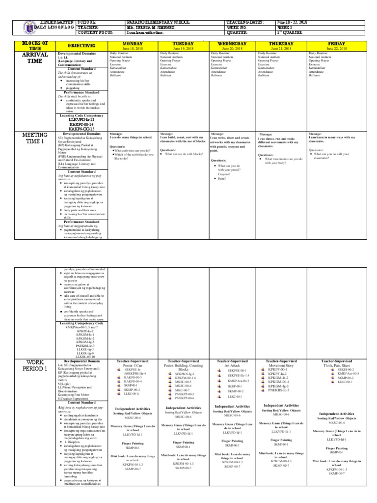 WEEK 3 - NEW Kindergarten Daily Lesson Log | PDF | Weight | Learning