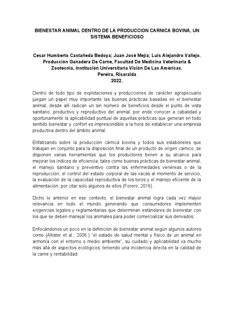 Ensayo Bienestar Animal | PDF | Carne | Bienestar de los animales