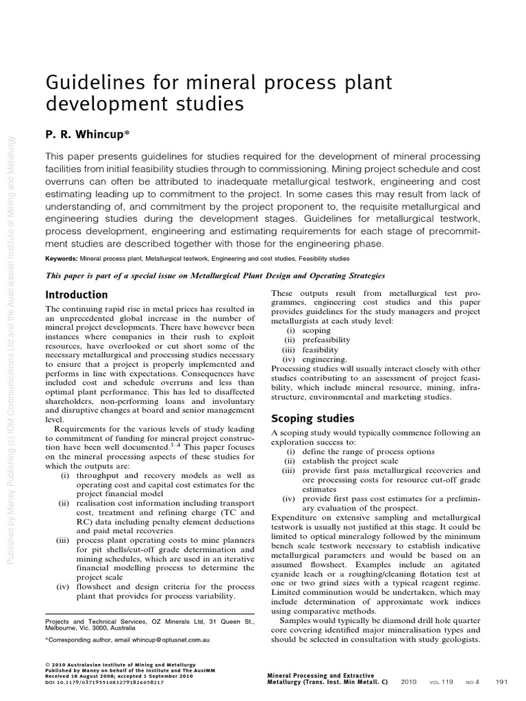 Guidelines For Mineral Process Plant-Whincup | PDF | Mining | Metallurgy