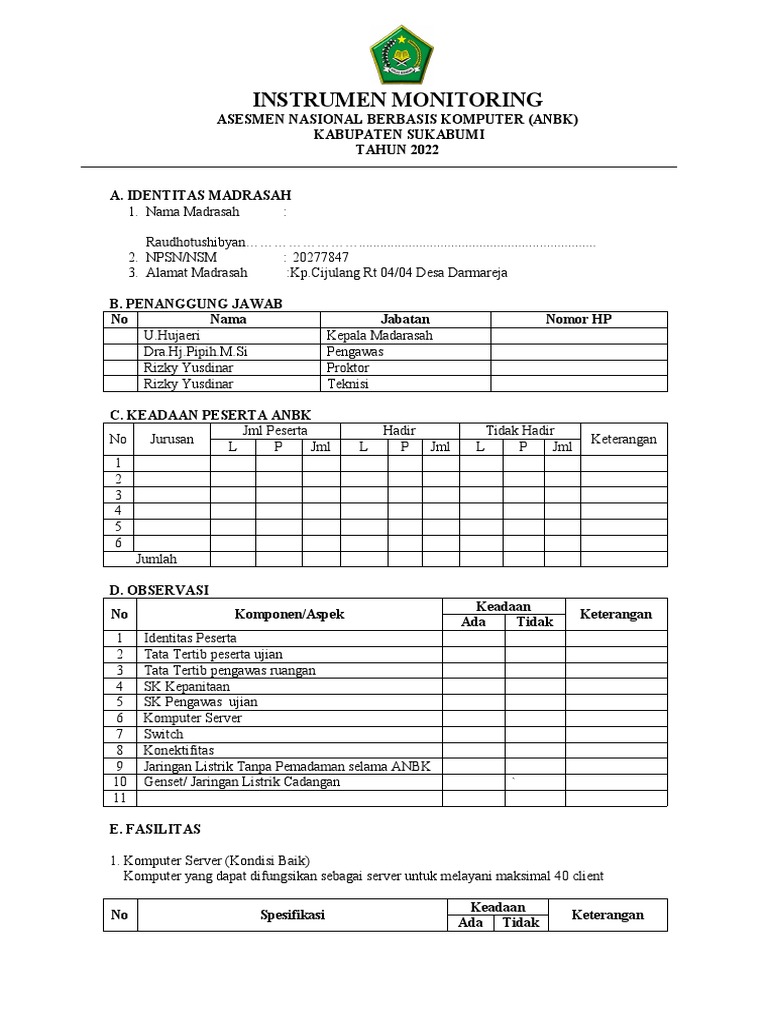 Instrumen Monitoring ANBK 2022 | PDF