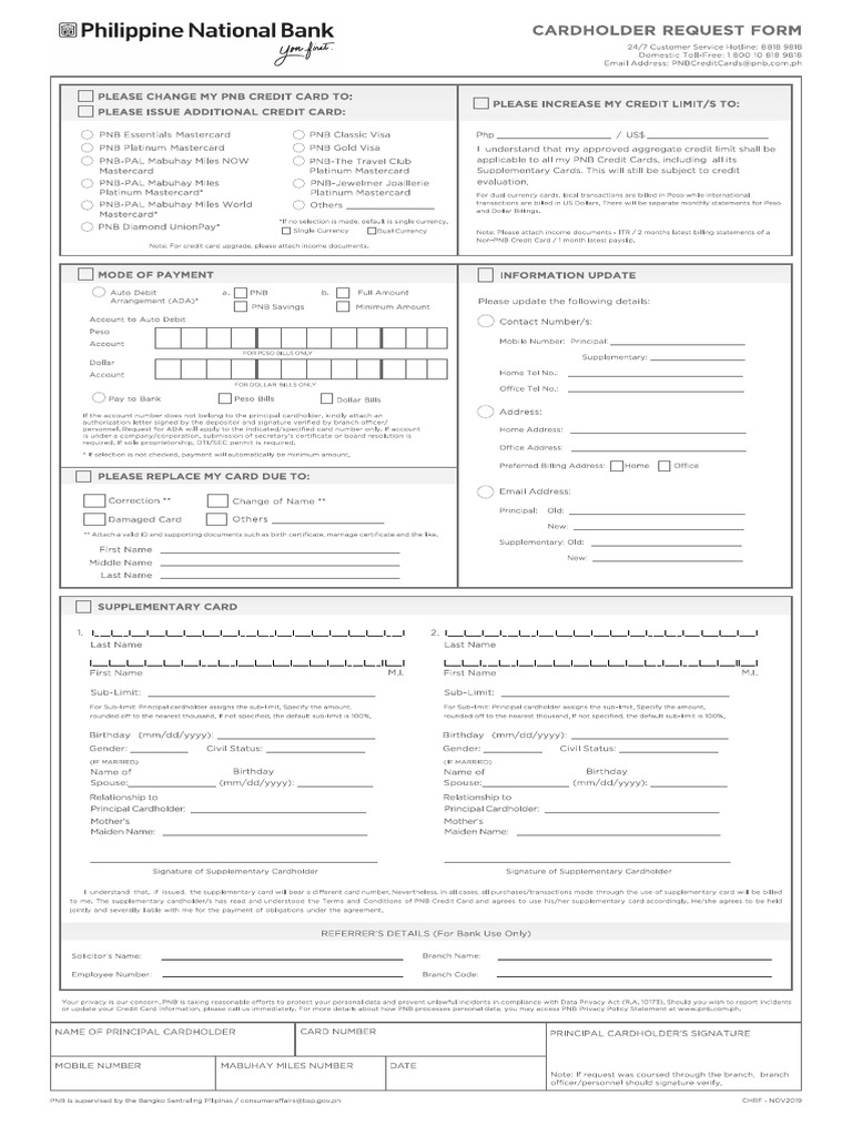 Cardholder Request Form PNB Credit Cards | PDF