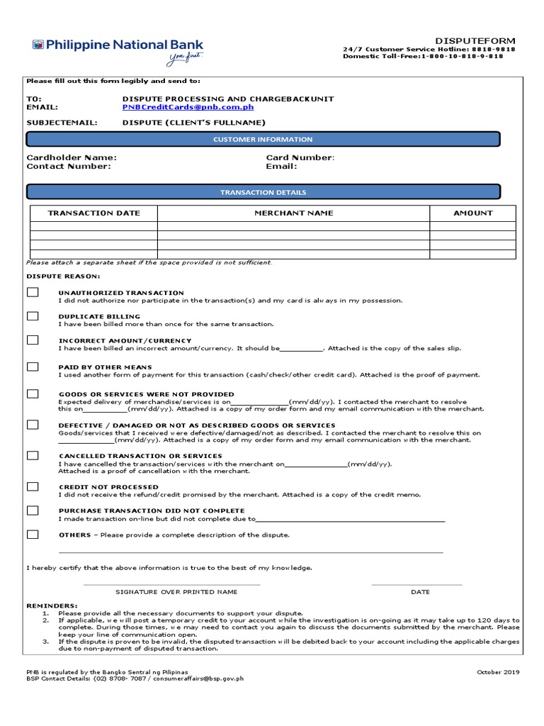 Dispute Form PNB Credit Cards | PDF | Credit Card | Services (Economics)
