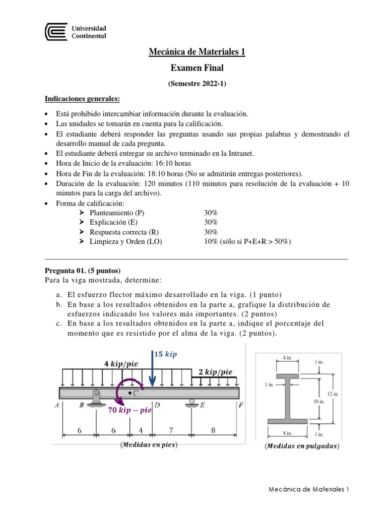 Continental - Semana 16 - Mecanica de Materiales 1 Examen Final | PDF | Viga (Estructura ...