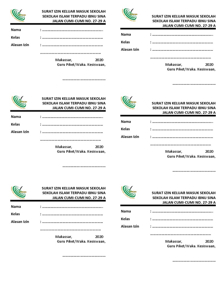 Surat Izin Keluar Masuk Sekolah | PDF