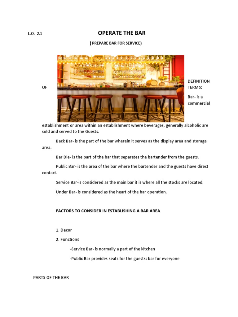 Bartending 2 OPERATE THE BAR | PDF | Bar (Establishment) | Drink