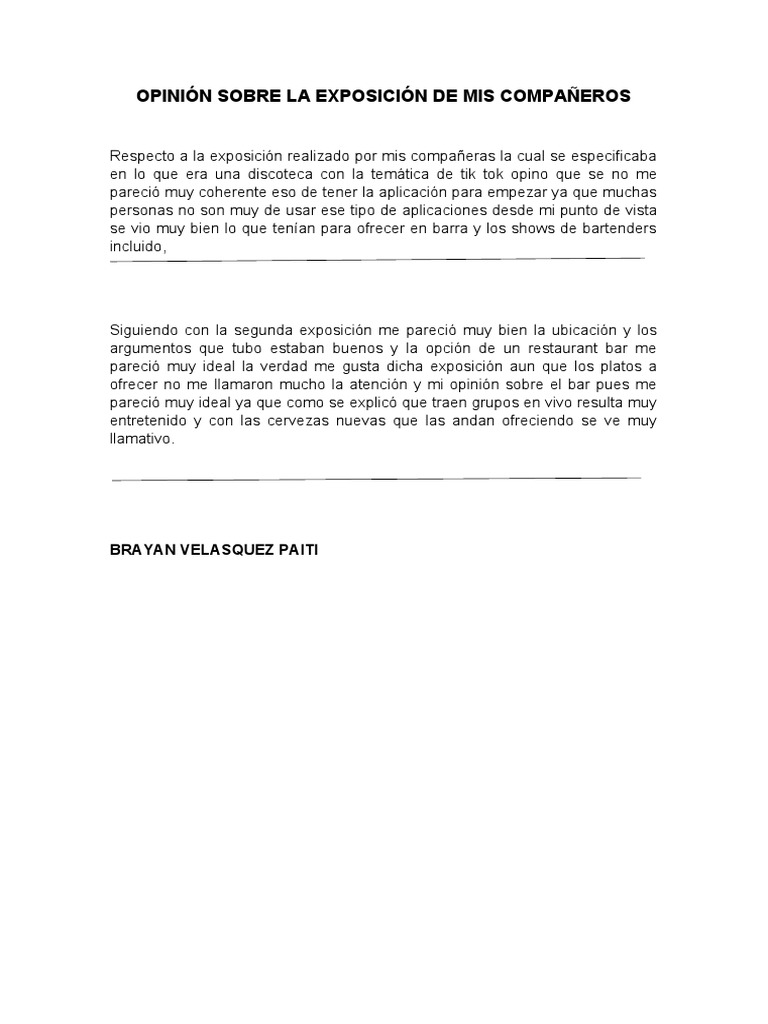 Opiniones sobre exposiciones de bares y discotecas | PDF