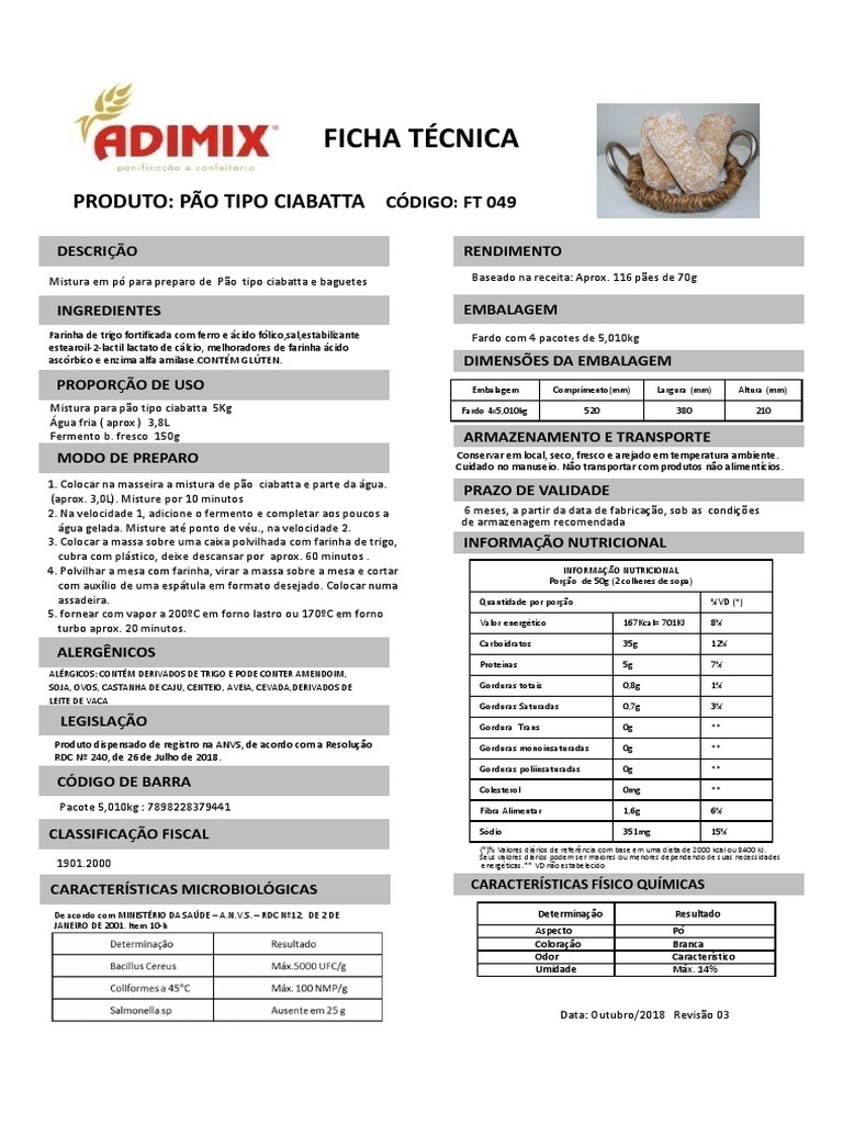 (FC0EF8F4 B4C4 44B2 AE4D C90527CABCDF) - Ficha Técnica Pão Tipo Ciabatta | PDF | Pães ...