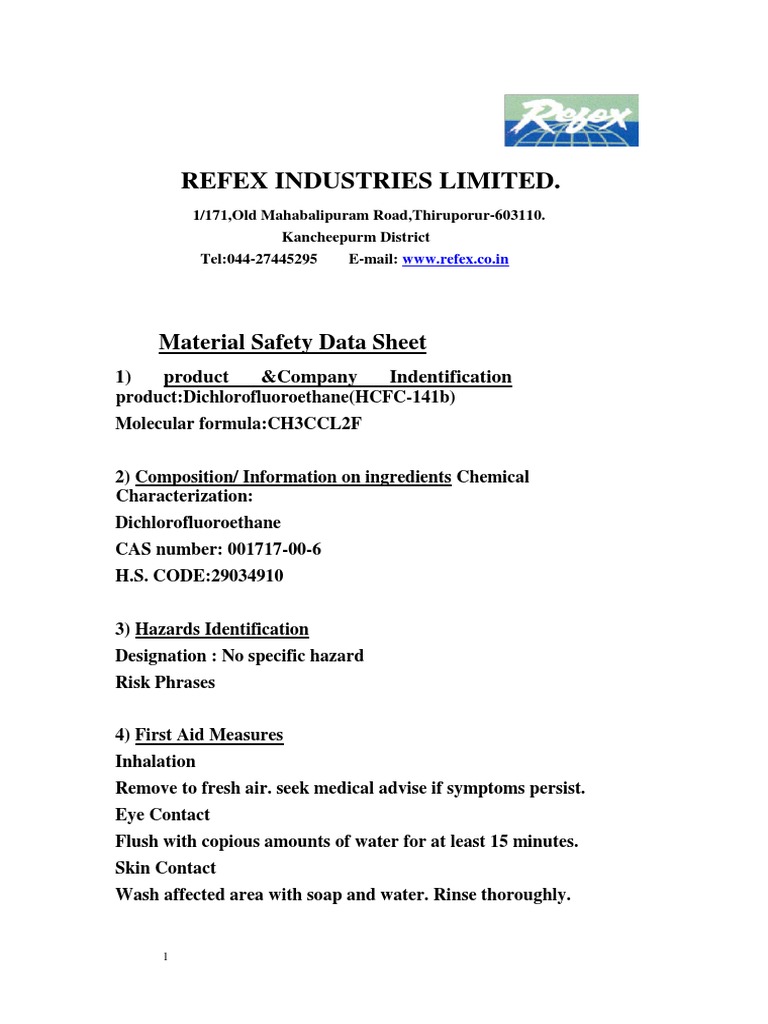 MSDS-HCFC-R141b (1) - 220819 - 124426 | PDF | Water | Personal ...