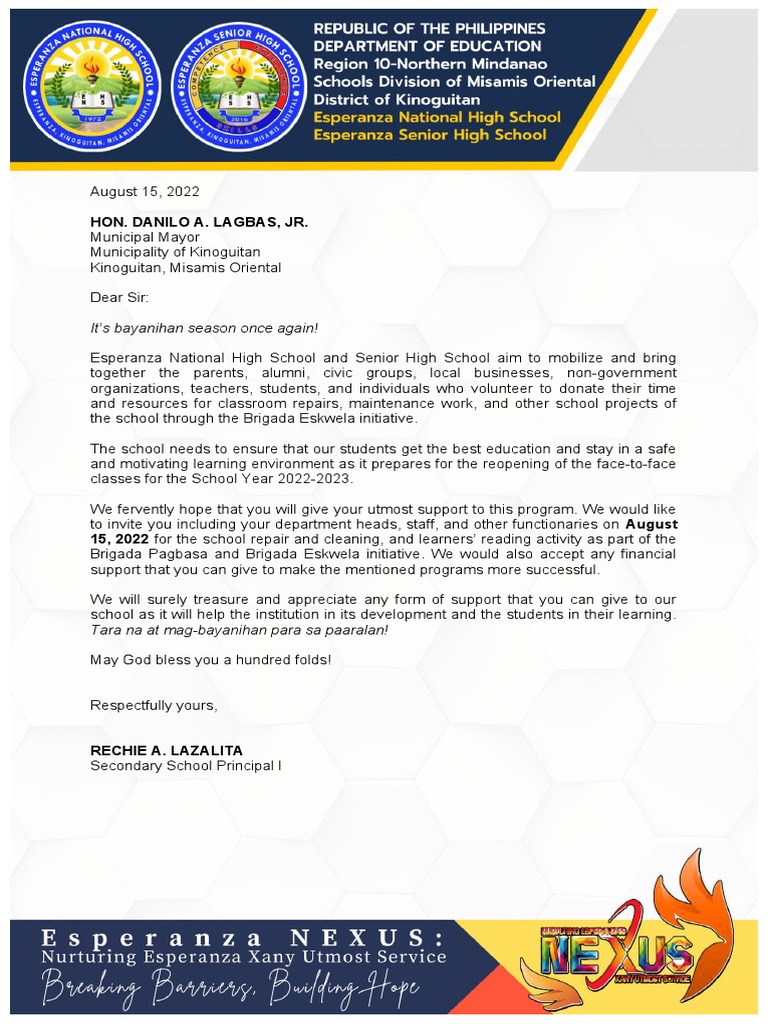 LETTER-BRIGADA ESKWELA (Barangay) | PDF | Teachers | Volunteering