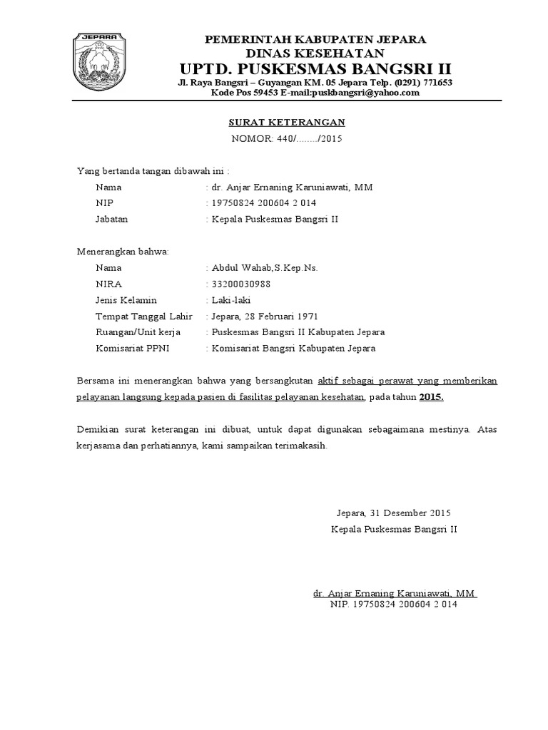 Surat Keterangan Perawat Puskesmas Bangsri | PDF