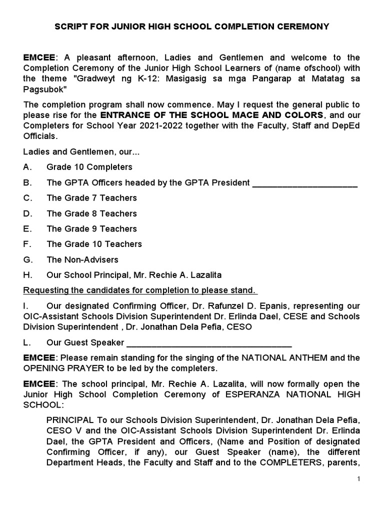 Junior High School Completion Ceremony Script | PDF | Social Institutions