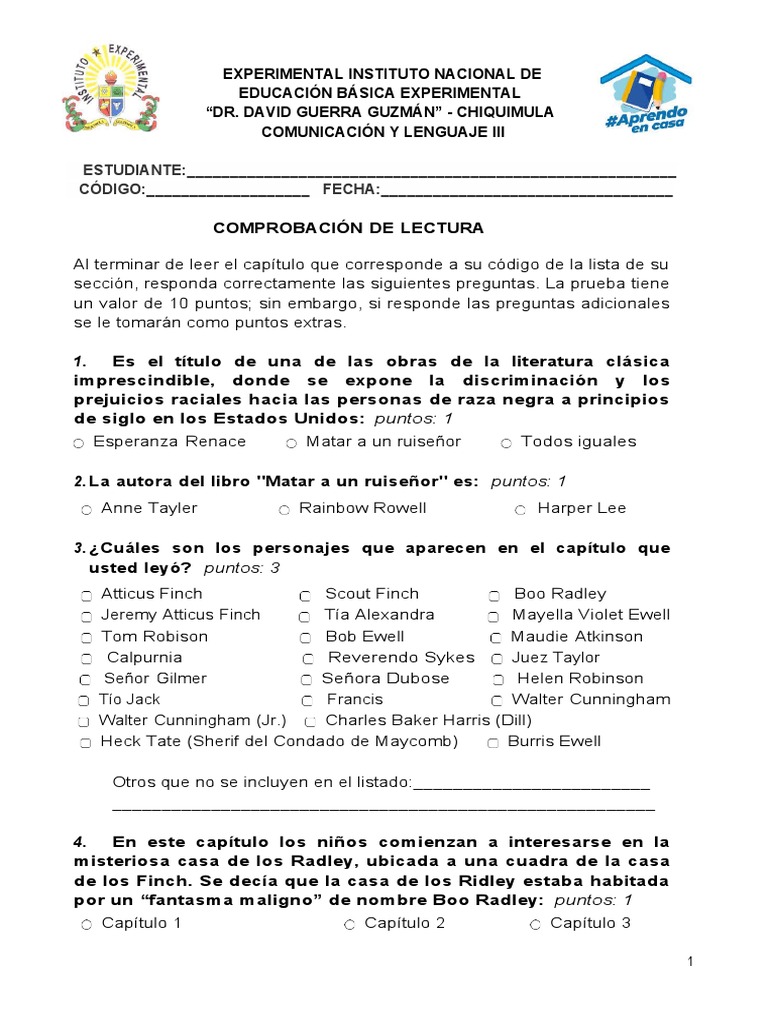 Comprobación de Lectura | PDF | Matar a un ruiseñor