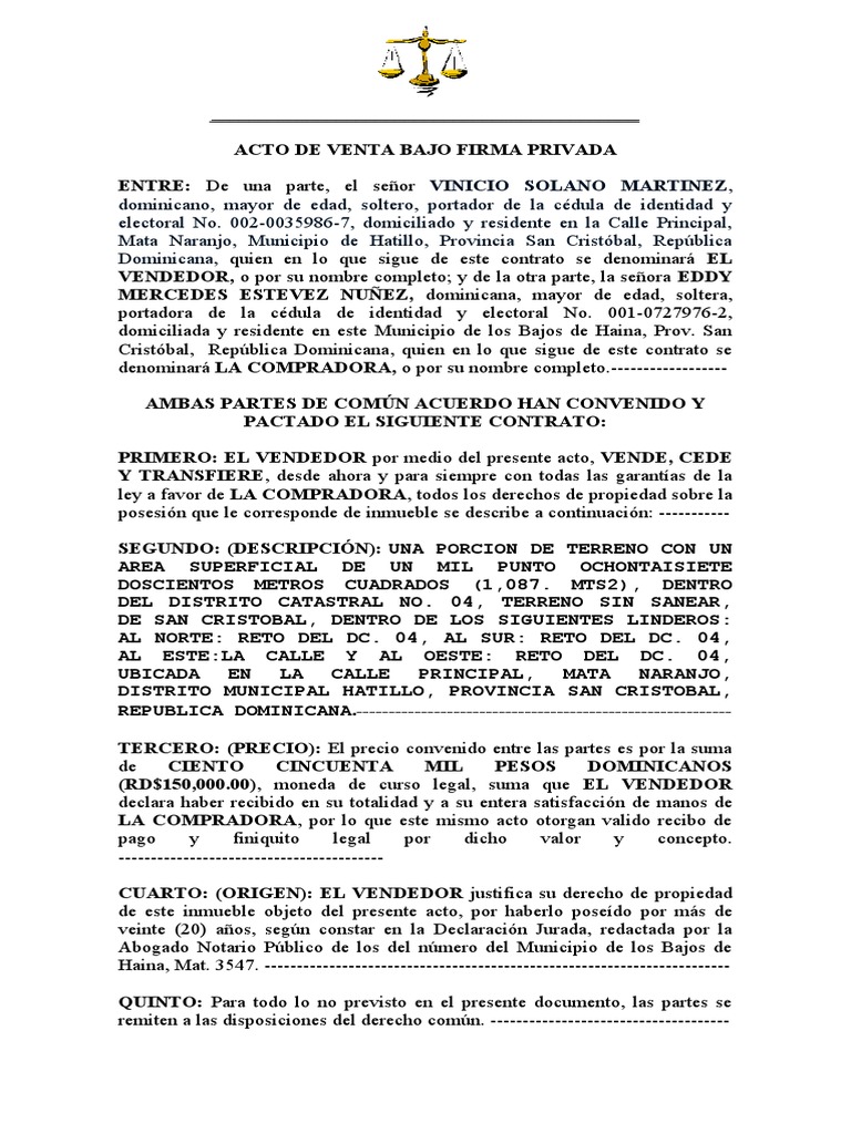 Acto de Venta de Inmueble Eddy | PDF | República Dominicana | Justicia