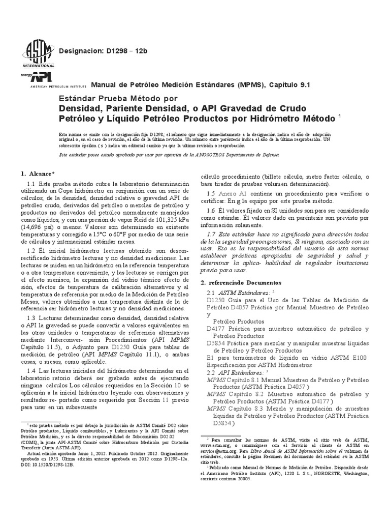 ASTM D1298 (Determinación de La Gravedad API) | PDF | Temperatura ...