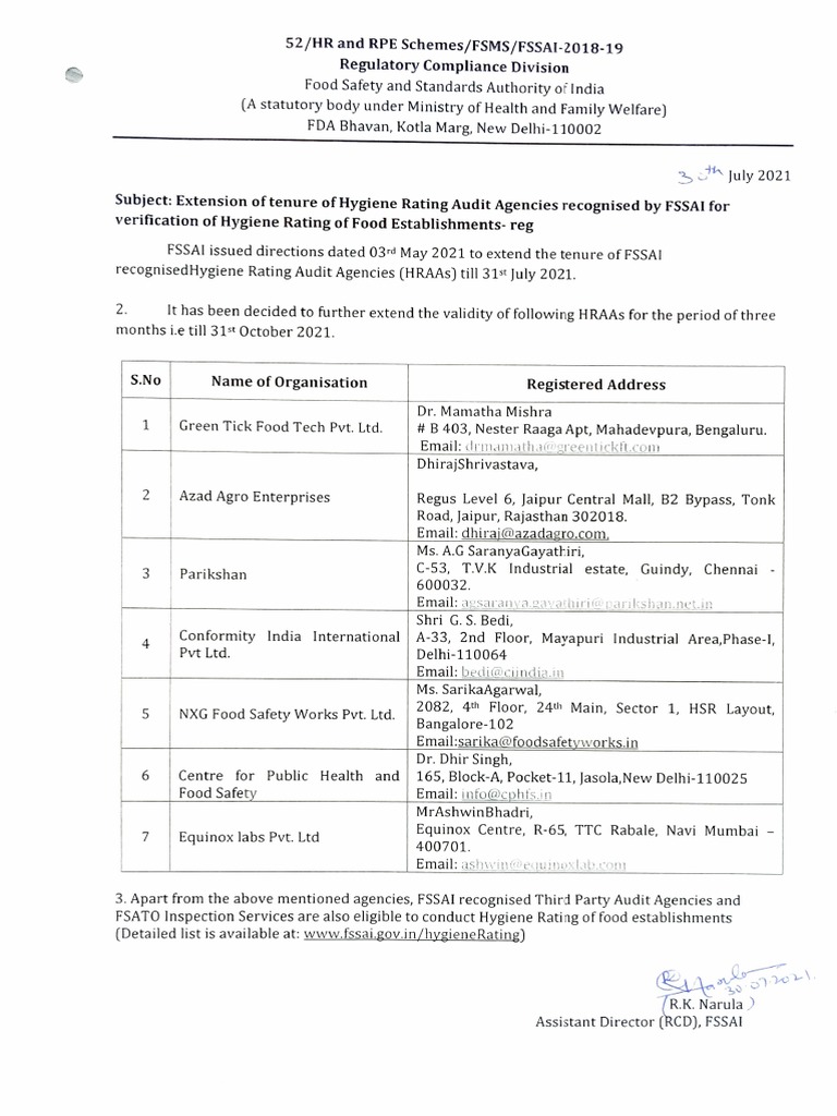FSSAI Hygiene Rating Audit Agencies Update | PDF | Public Health | Safety