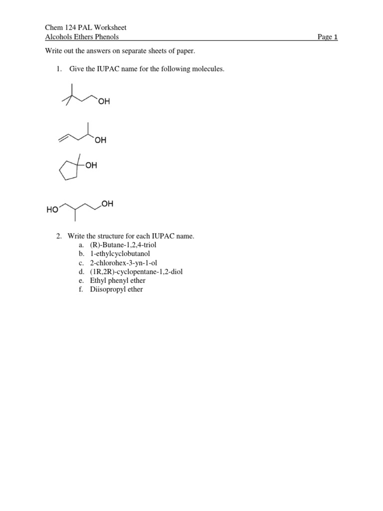 Chem 124 Pal Worksheet Alcohols Ethers Phenols | PDF | Science ...