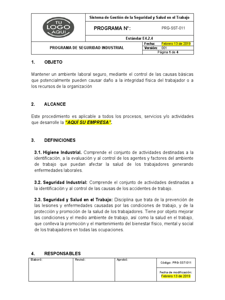 Plantilla Programa de Seguridad Industrial | PDF | Seguridad y salud ...