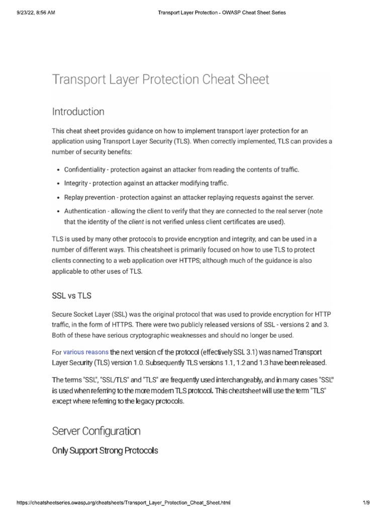 Transport Layer Protection Cheatsheet | PDF