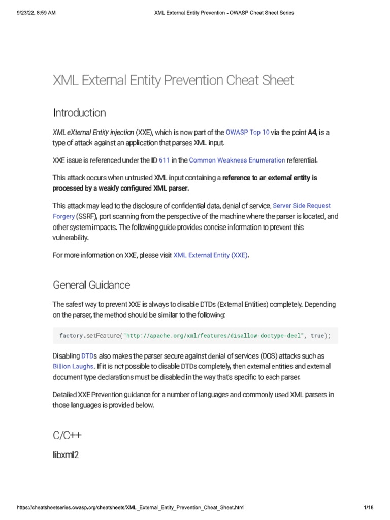 XML External Entity Prevention Cheatsheet | PDF