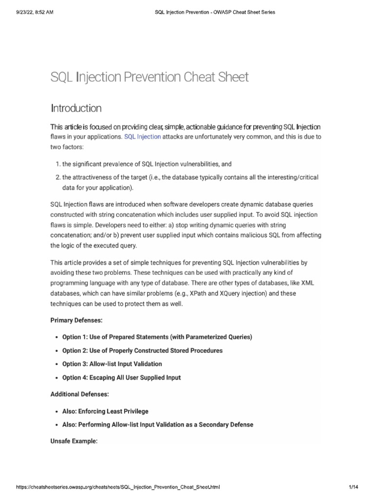 SQL Injection Prevention Cheatsheet | PDF