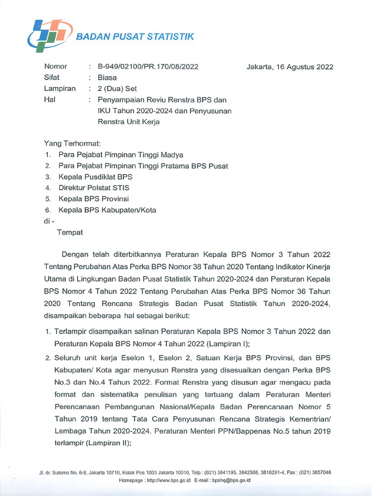 B.949.02100 Penyampaian Reviu Renstra BPS Dan IKU TH 2020-2024 Dan Penyusunan Renstra Unit Kerja ...