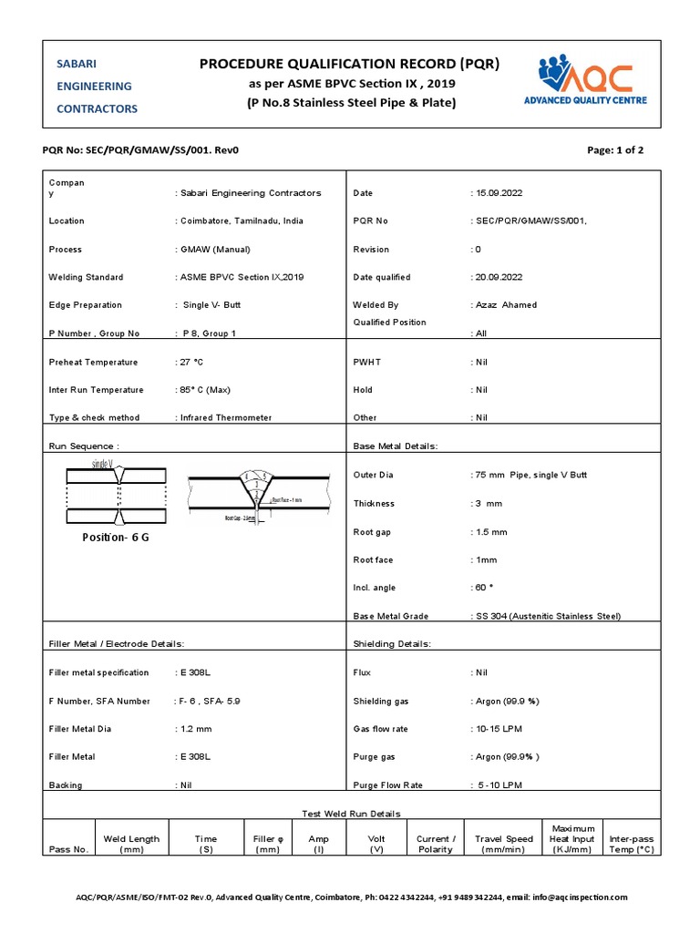 Procedure Qualification Record for Gas Metal Arc Welding of Stainless Steel Pipe and Plate ...