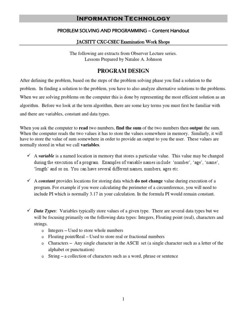 Problem Solving and Programming Content Handout | PDF | Programming | Computer Program