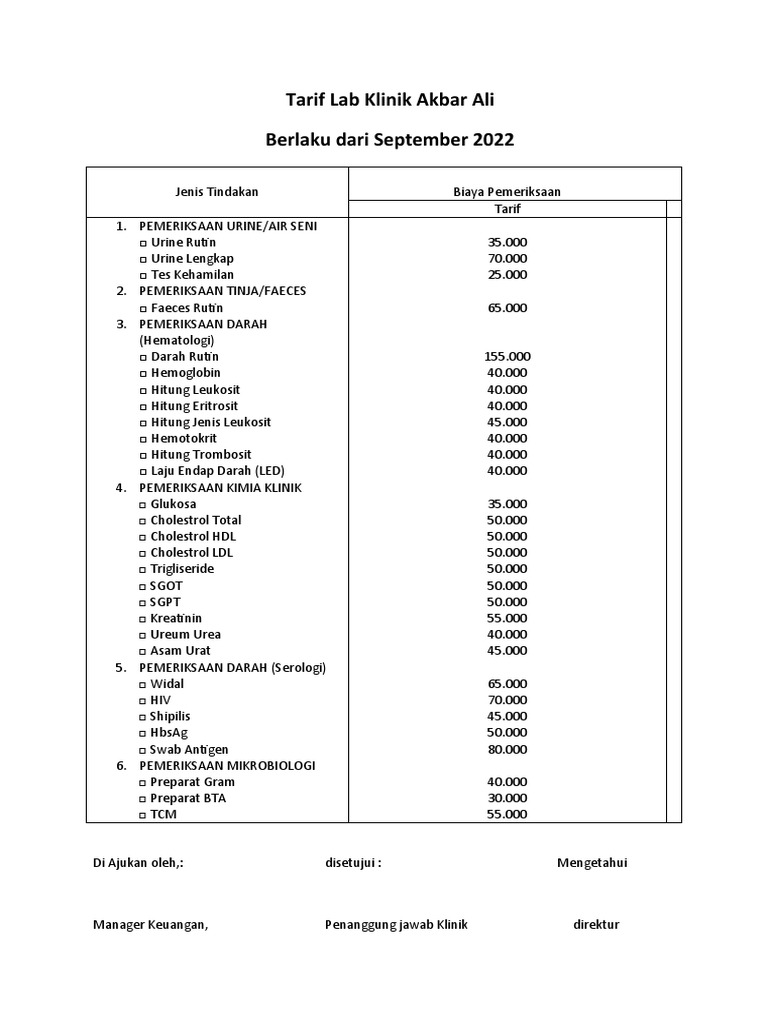 Tarif Lab Klinik Akbar Ali 2022 | PDF