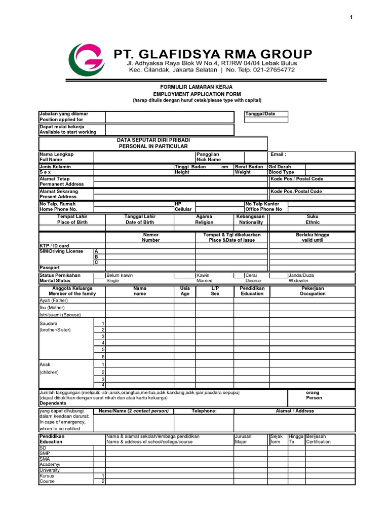 Form-Formulir Lamaran (Employment Application Form) | PDF