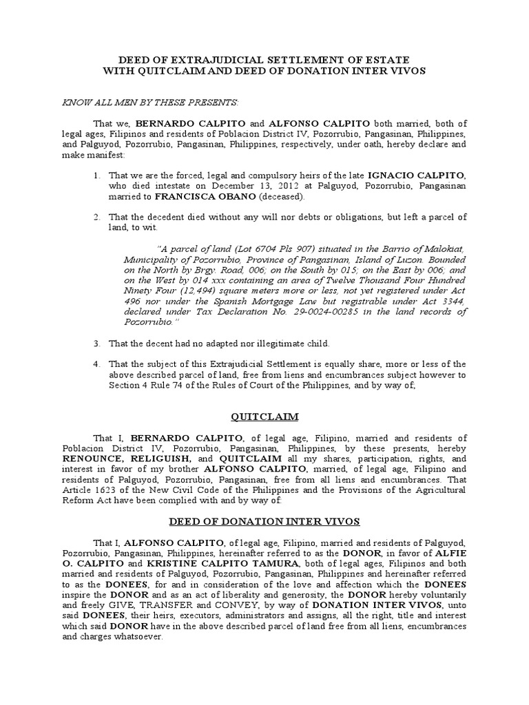 Deed of Extrajudicial Settlement of Estate Calpito | PDF | Civil Law ...