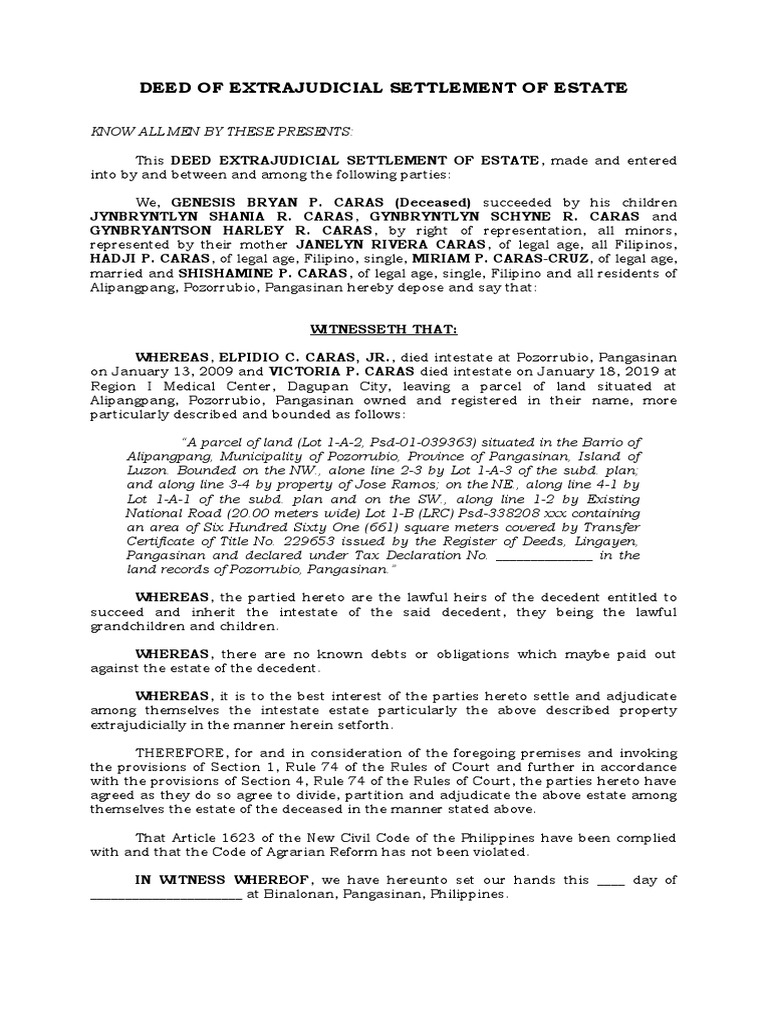 Extrajudicial Settlement of Estate and Transfer of Property | PDF ...