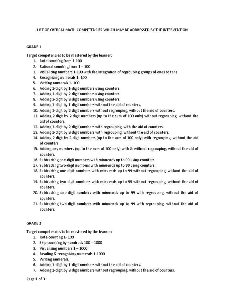 Math Critical Competencies | PDF | Subtraction | Multiplication