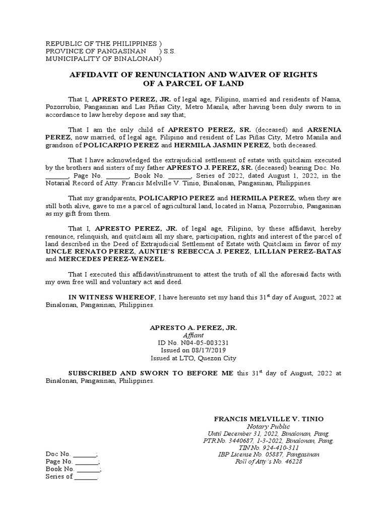Affidavit of Renunciation and Waiver of Rights | PDF | Affidavit ...